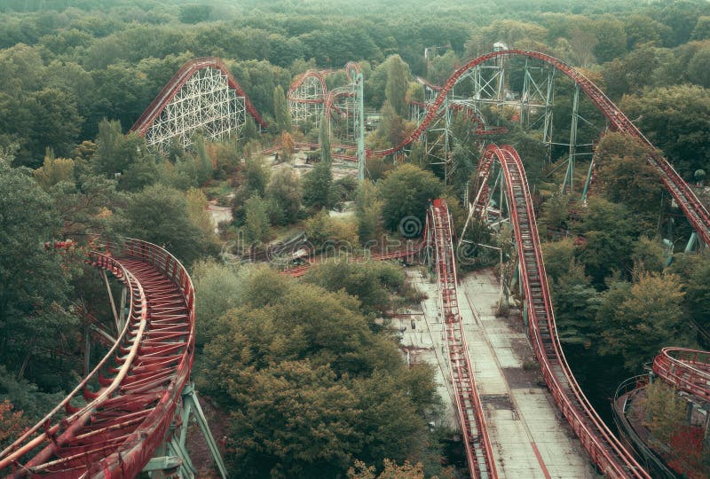 Aerial View of Overgrown Rusty Rollercoasters in Lush Forest Stock ...