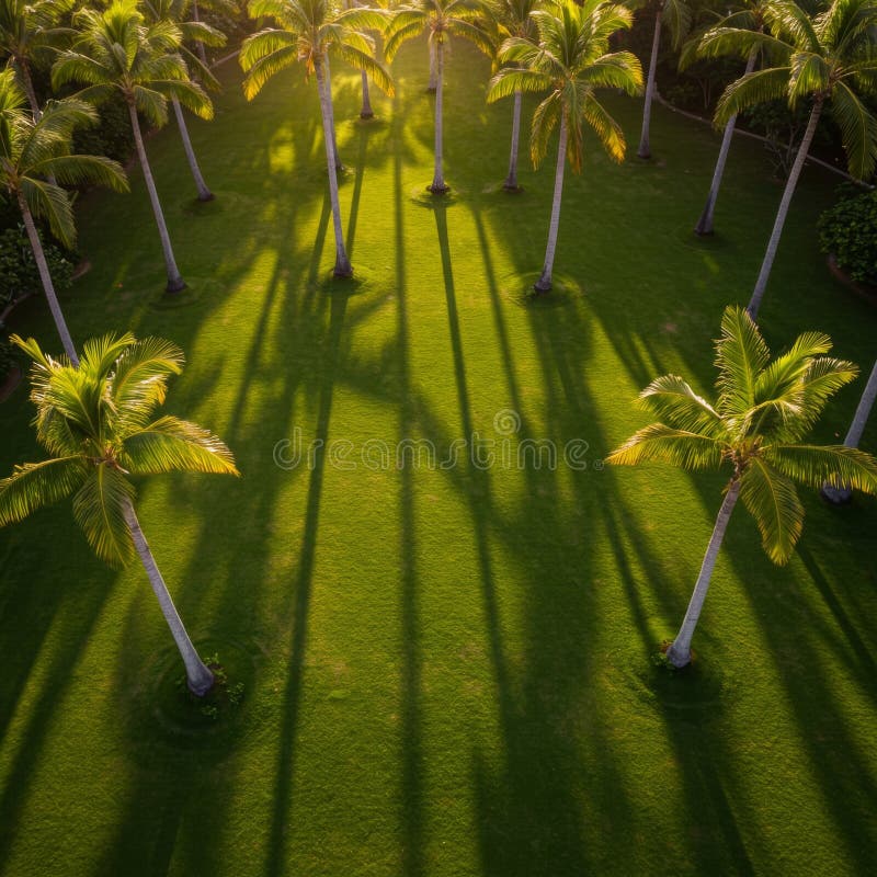 Aerial View of Palm Trees Casting Long Shadows on Green Grass Stock ...