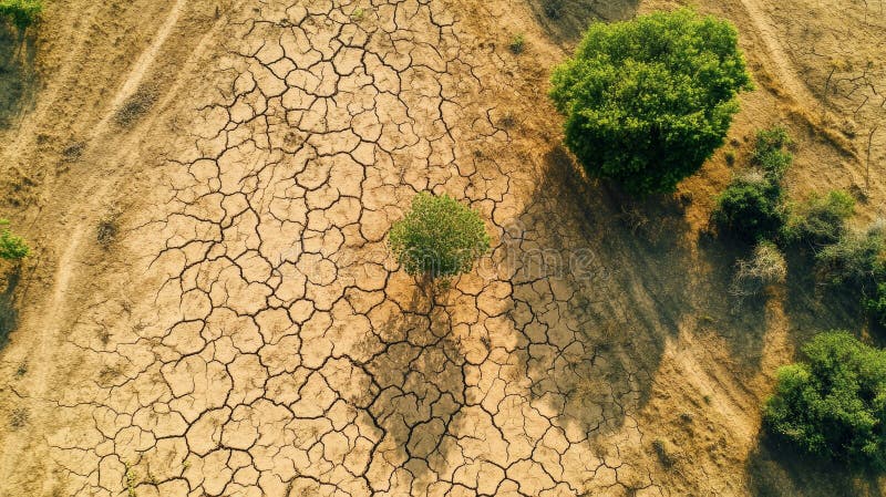 Aerial View of Parched Land Showcasing Cracked Soil and Vegetation ...
