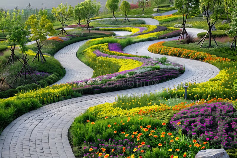 Aerial View of Park Displays Pathway Arrangement and Ornate Landscape ...