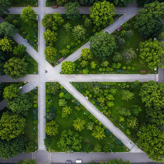 Aerial View of a Park Featuring Intersecting Diagonal Paths Forming an ...
