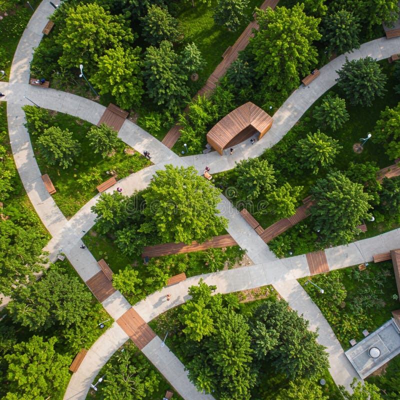 Aerial View of a Park with Intersecting Concrete Paths Surrounded by ...