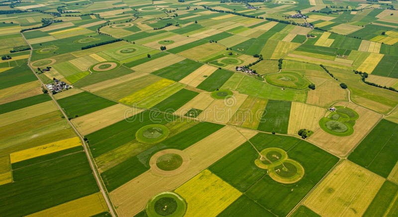Aerial View of Patchwork Farmland Featuring Various Rectangular Fields ...