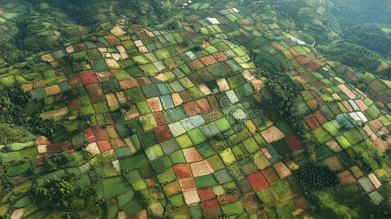 Aerial View of Patchwork Fields on Rolling Hills Exhibiting Diverse ...