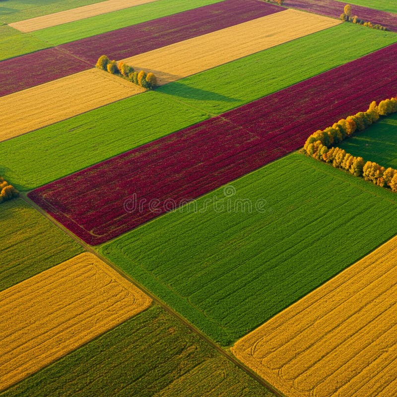 Aerial View of a Patchwork Landscape Featuring Rectangular Fields in ...