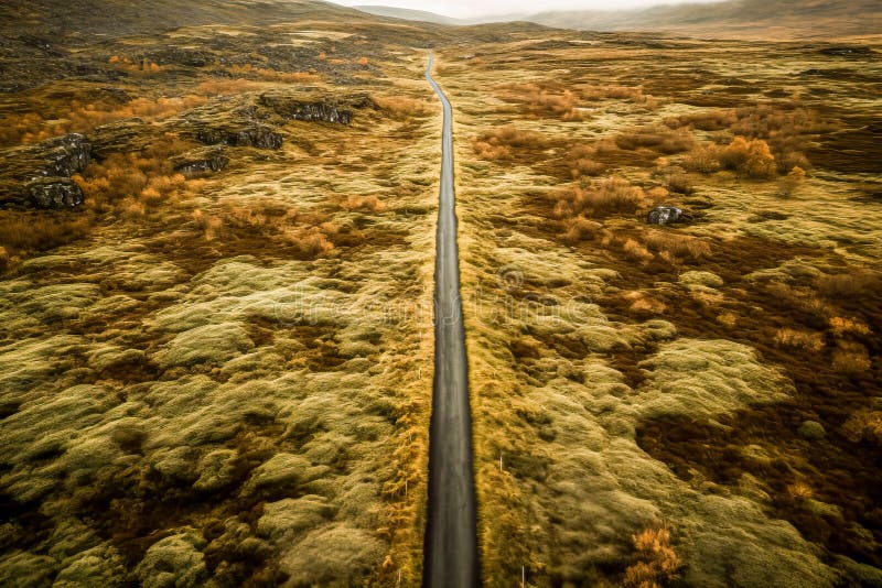 Aerial View of a Path through the Yellow Mossy Hills. Generative AI ...