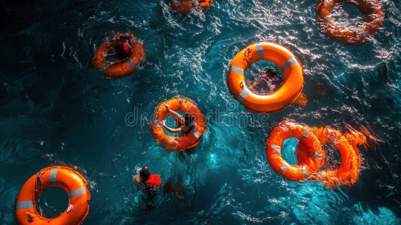 Aerial View of People in the Ocean with Life Preservers Stock ...