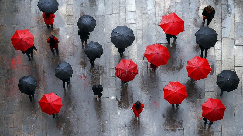 Aerial View of People Walking in Rain with Red and Black Umbrellas ...