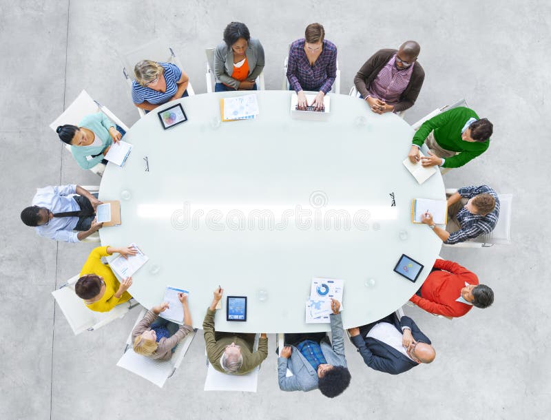 Aerial View People Working Sharing Connection Conference Table Stock ...