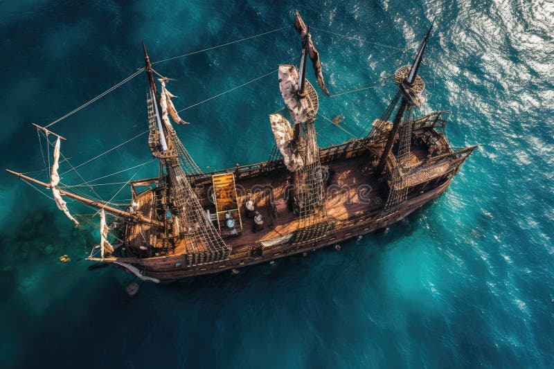 Aerial View of Pirate Ship Sailing at Sea Stock Illustration ...