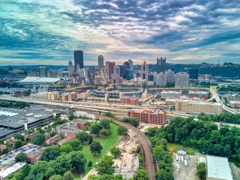 Aerial View of Pittsburgh Downtown Skyline with Bridges on Under ...