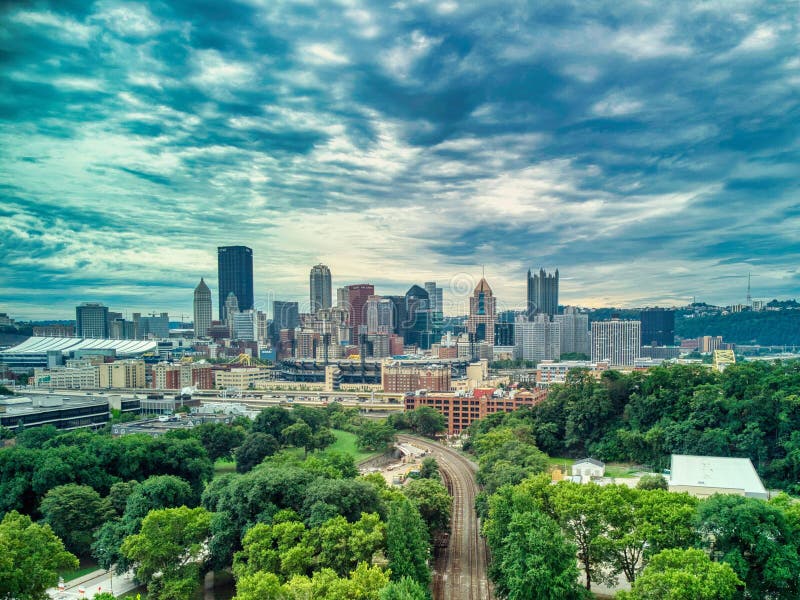Aerial View of Pittsburgh Downtown Skyline with Bridges on Under ...