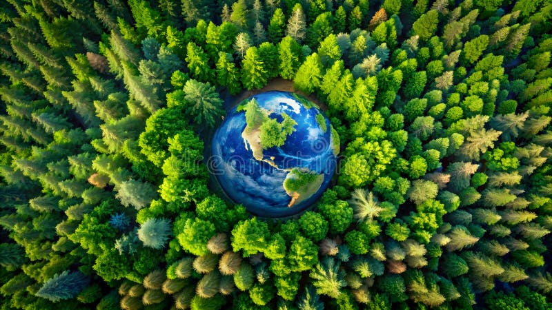 Aerial View of the Planet Earth Surrounded by Green Forest. Eco Concept ...
