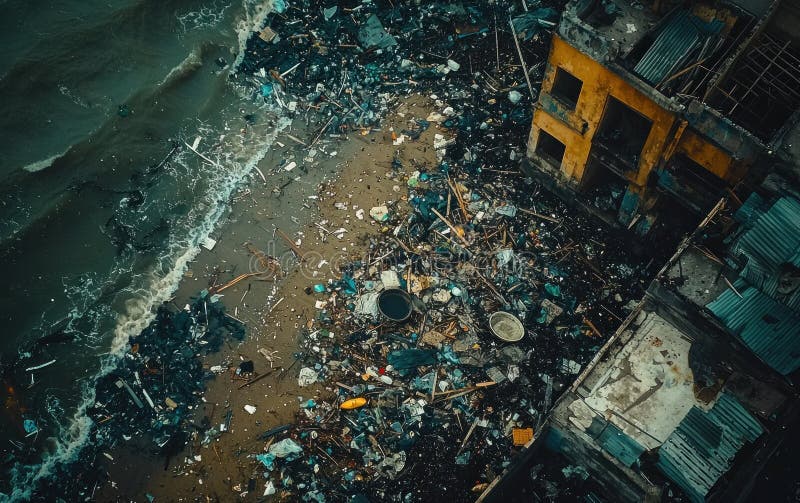 Aerial View of Plastic Waste Pollution on a Beach after a Storm ...