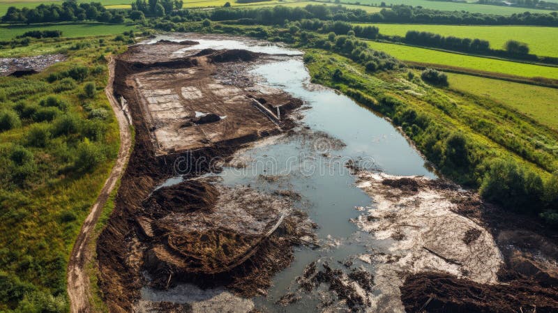 Aerial View of a Polluted River and Construction Site Stock ...