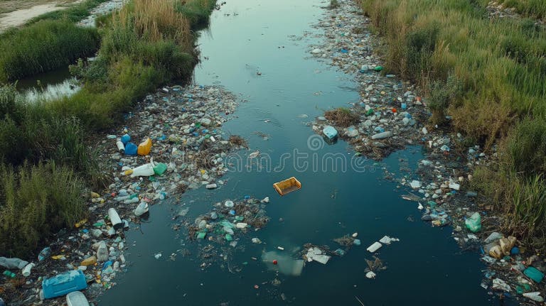 Aerial View of Polluted River with Plastic Waste Stock Illustration ...
