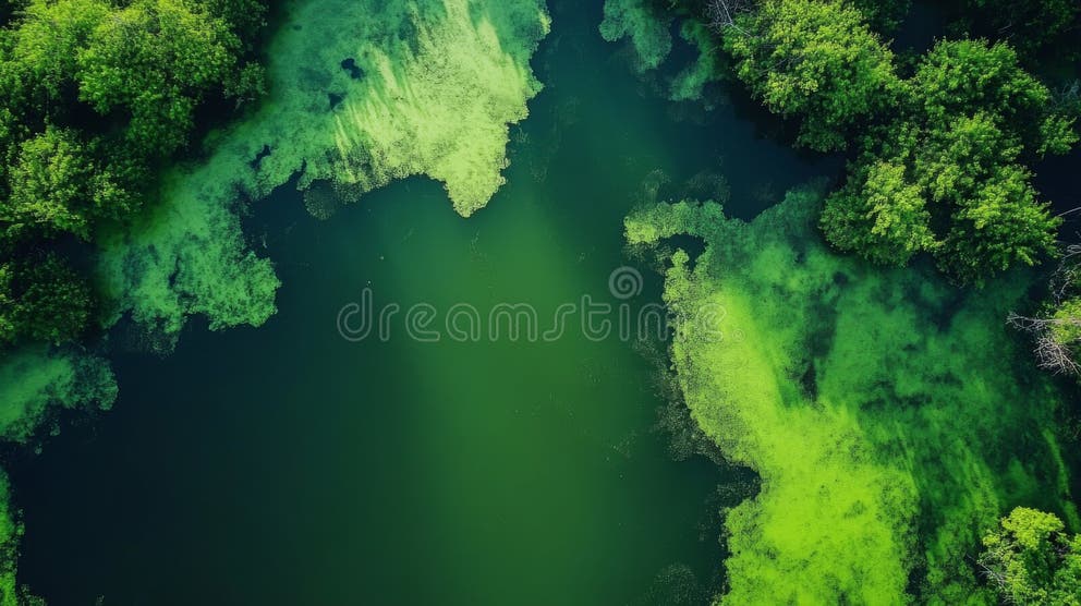 Aerial View of a Pond Covered in Algae and Surrounded by Trees Stock ...