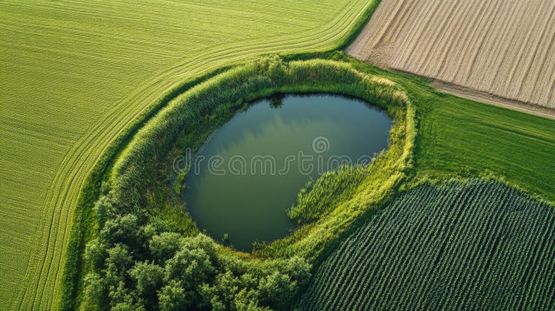 Aerial View of a Pond Surrounded by Lush Green Fields Stock ...