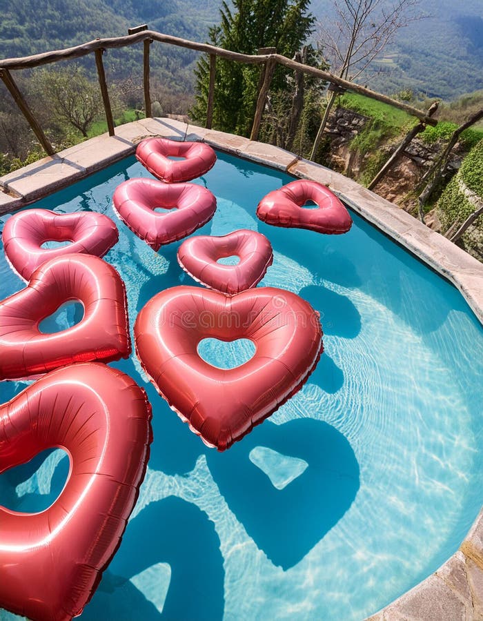 An Aerial View of a Pool Dotted with Heart-shaped Floats Stock ...