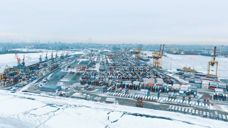 Aerial View Port Container Terminal Container Ship in Import Export and ...