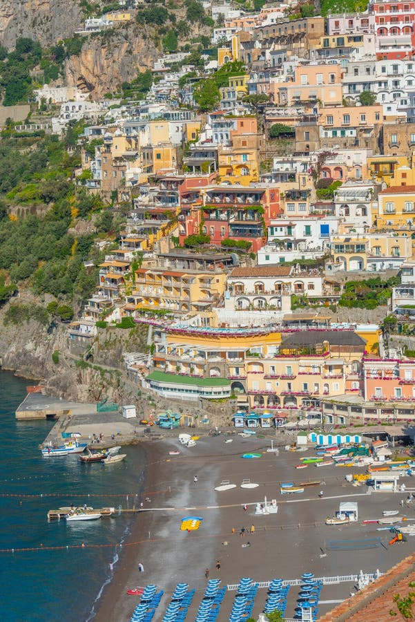 Aerial View of Positano Beach in Italy Stock Photo - Image of buidling ...