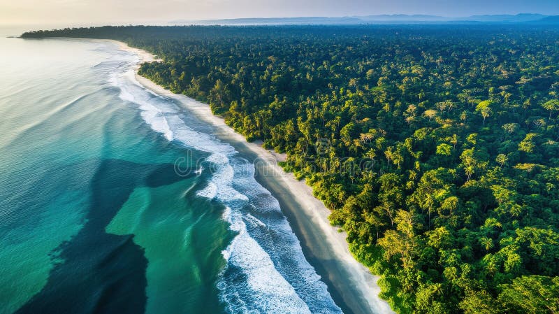 Aerial View of Pristine Beach with Lush Forest by the Seaside and Waves ...