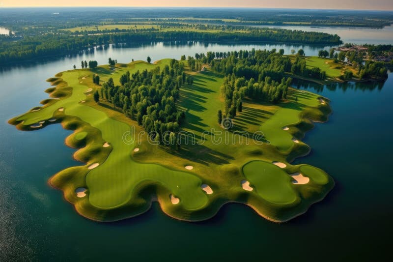 Aerial View of a Pristine Golf Course with Sand Bunkers and Lakes Stock ...