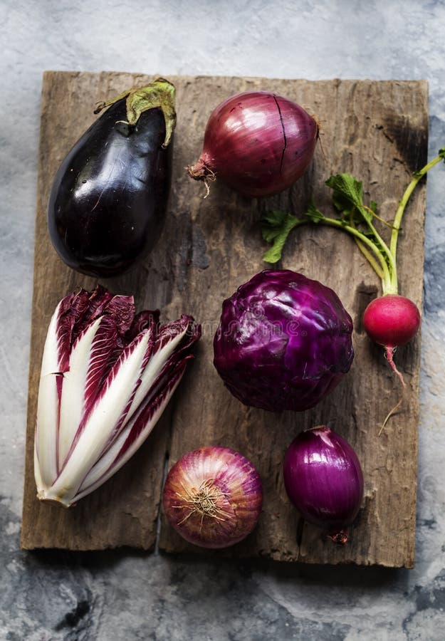 Aerial View of Purple Vegetable Group Collection on Wooden Table Stock ...