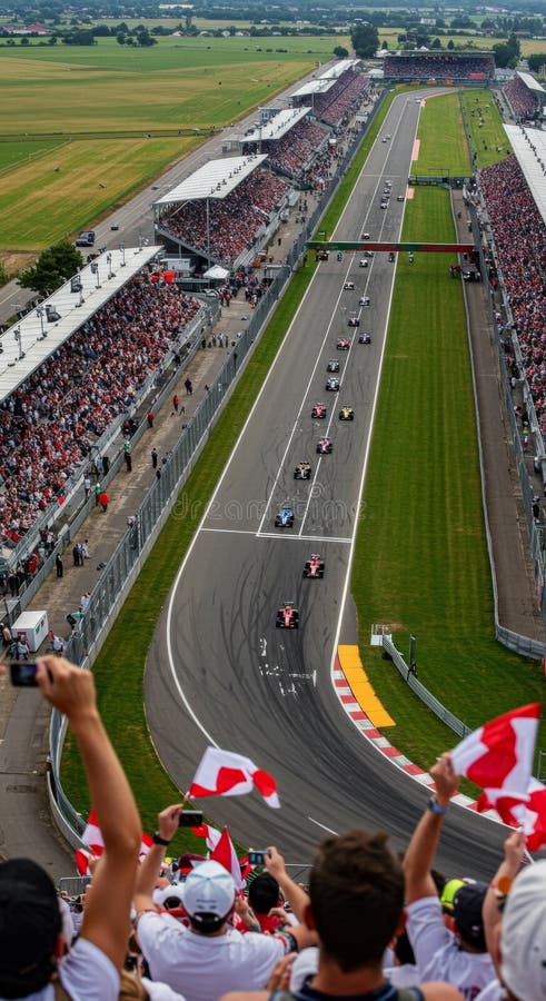 Aerial View of Racing Cars and Cheering Crowd Stock Illustration ...
