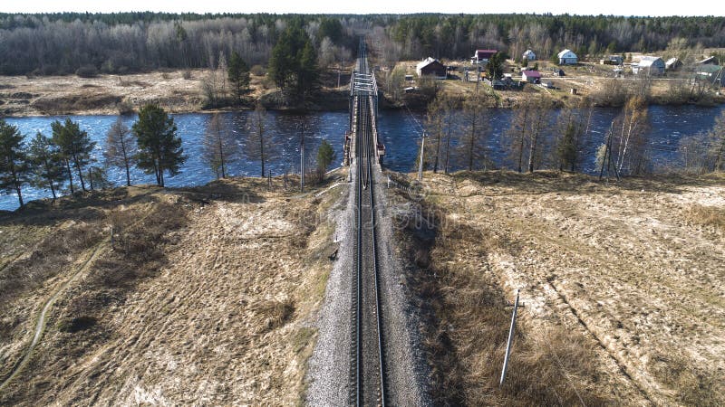 Aerial View on the Rail Bridge Across the River in Rural Place in ...