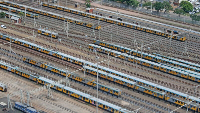 AERIAL VIEW of RAIL YARD and TRAINS Stock Photo - Image of trucks ...