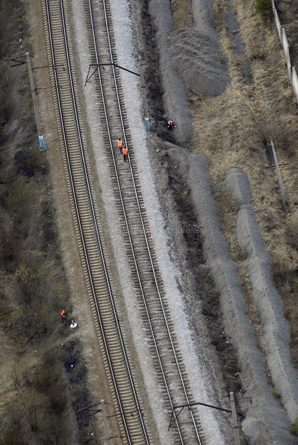 Aerial View of Railway Lines with Workers. Stock Image - Image of ...