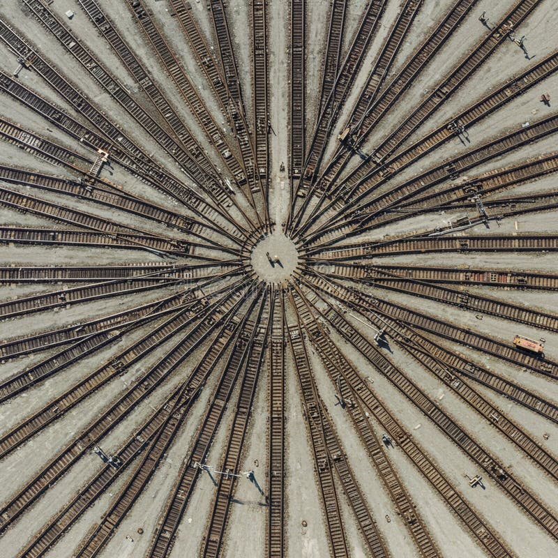 Aerial View of a Railway Roundhouse with Multiple Tracks Radiating from ...