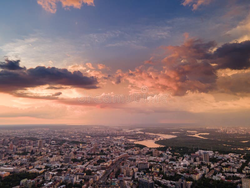 Aerial View on Rain Clouds at Sunset Over the City Editorial Stock ...