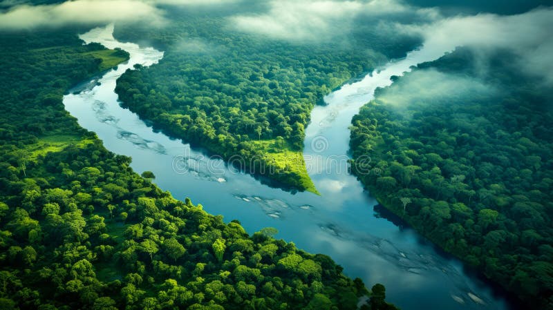 Aerial View of Rainforest and Confluence of Two Rivers Stock ...