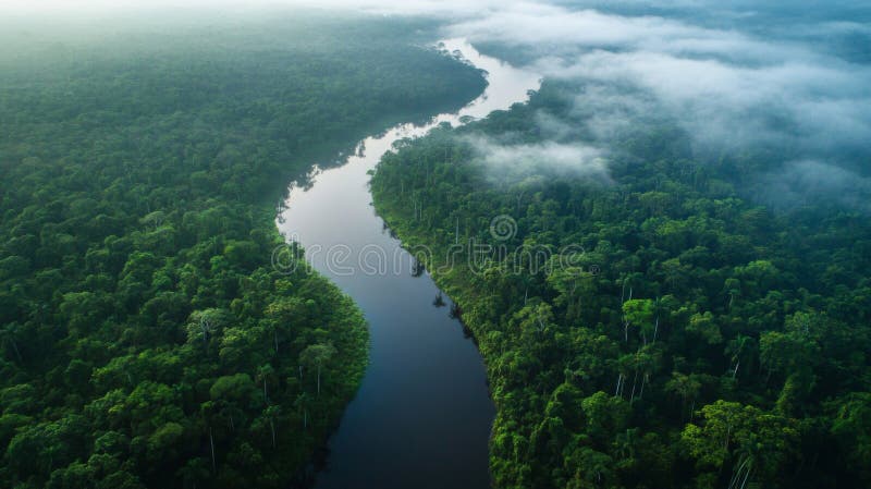 Aerial View of Rainforest River at Dawn Stock Illustration ...