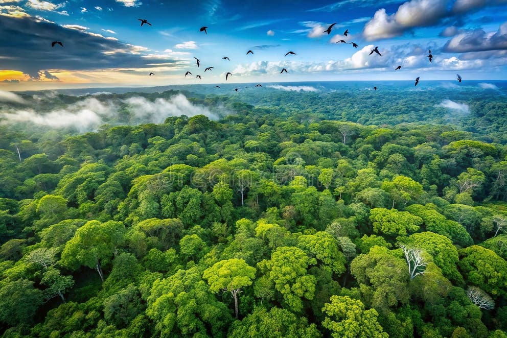 Aerial View of a Rainforest at Sunset with Birds Stock Illustration ...