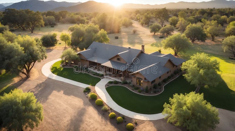 Aerial View of Ranch Style House with Dramatic Sun Lighting and a Ai ...