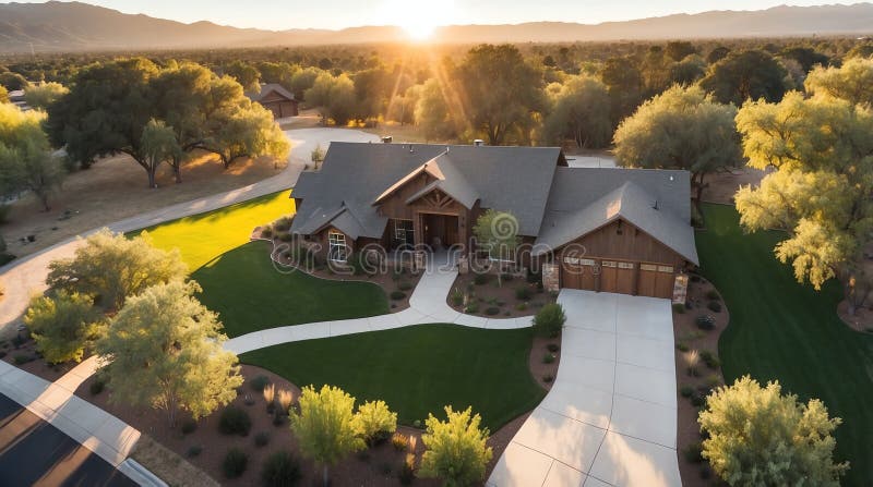 Aerial View of Ranch Style House with Dramatic Sun Lighting and a Ai ...