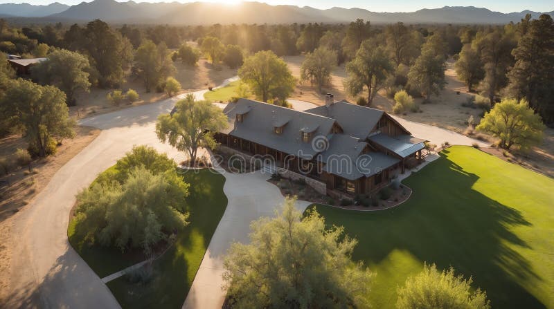 Aerial View of Ranch Style House with Dramatic Sun Lighting and a Ai ...