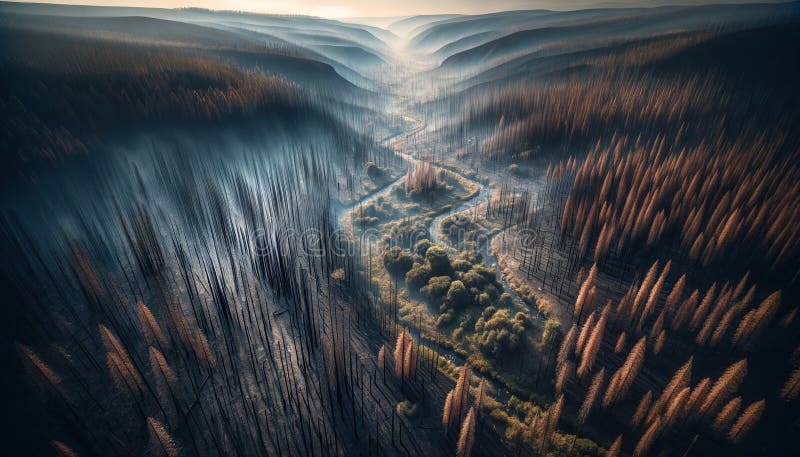 Aerial View of a Recently Burned Forest Area, Highlighting the ...