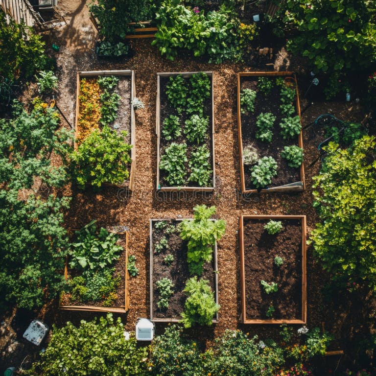 Aerial View of a Rectangular Garden Plot with Mulch and Rows of Plants ...