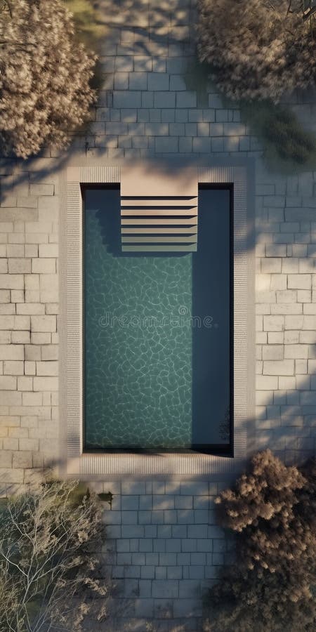 Aerial View of Rectangular Pool with Stone Surroundings and Staircase ...