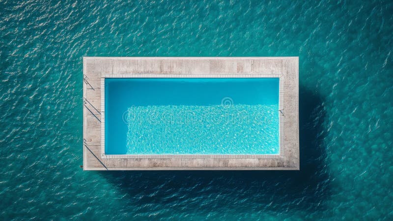 Aerial View Rectangular Pool Surrounded Blue Ocean Water Stock Photos ...