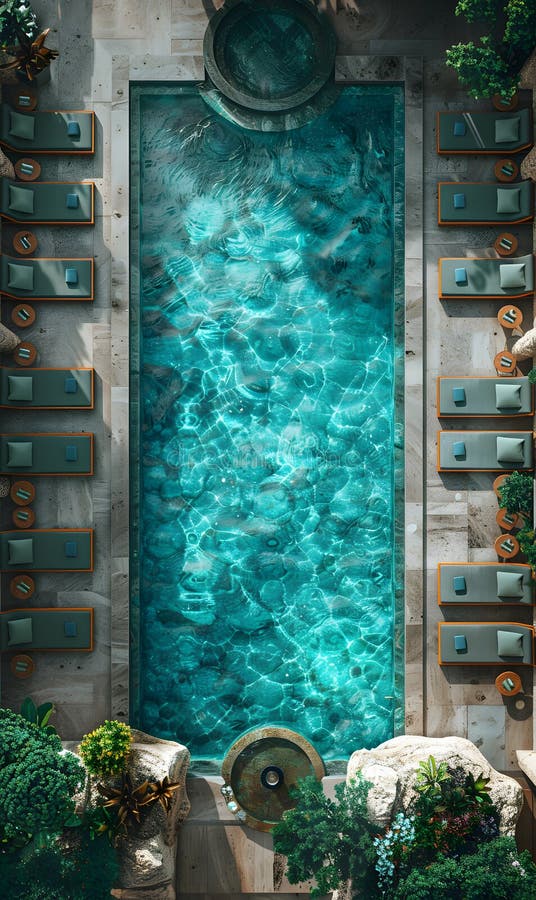 Aqua Rectangle Pool Nestled in Green Trees with Brick Building Facade ...