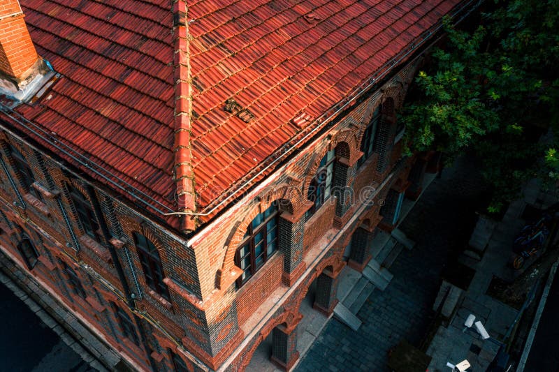 Aerial View of a Red Brick Building at the Street Stock Image - Image ...
