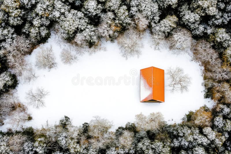 Aerial View of Red Cabin Surrounded by Snow-covered Forest in Winter ...