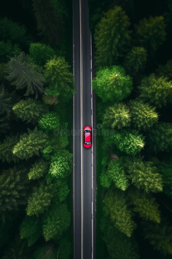 Aerial View of a Red Car Running Along a Road Flanked by a Green Forest ... Aerial View of a Red Car Running Along a Road Flanked by a Green Forest ...