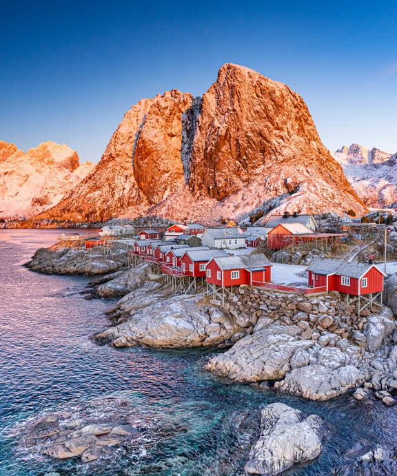 Aerial View of Red Fishing Huts on Lofoten Islands, Norway, Against a ... Aerial View of Red Fishing Huts on Lofoten Islands, Norway, Against a ...