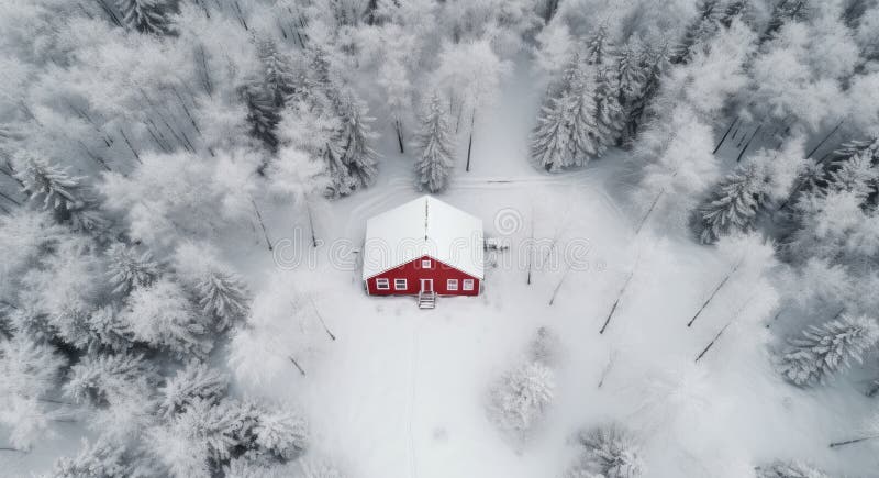 Aerial View of a Red House in Winter Forest Stock Image - Image of ...